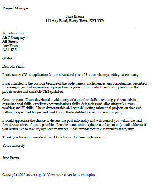 Project Manager Cover Letter Example Icover uk