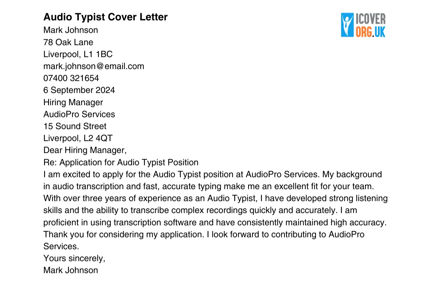 Typist Cover Letter Example - icover.org.uk