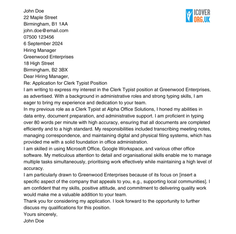 Typist Cover Letter Example - icover.org.uk