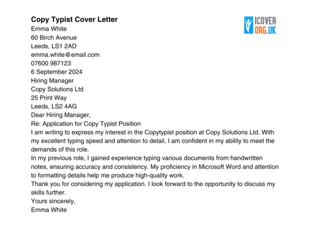 Typist Cover Letter Example - icover.org.uk