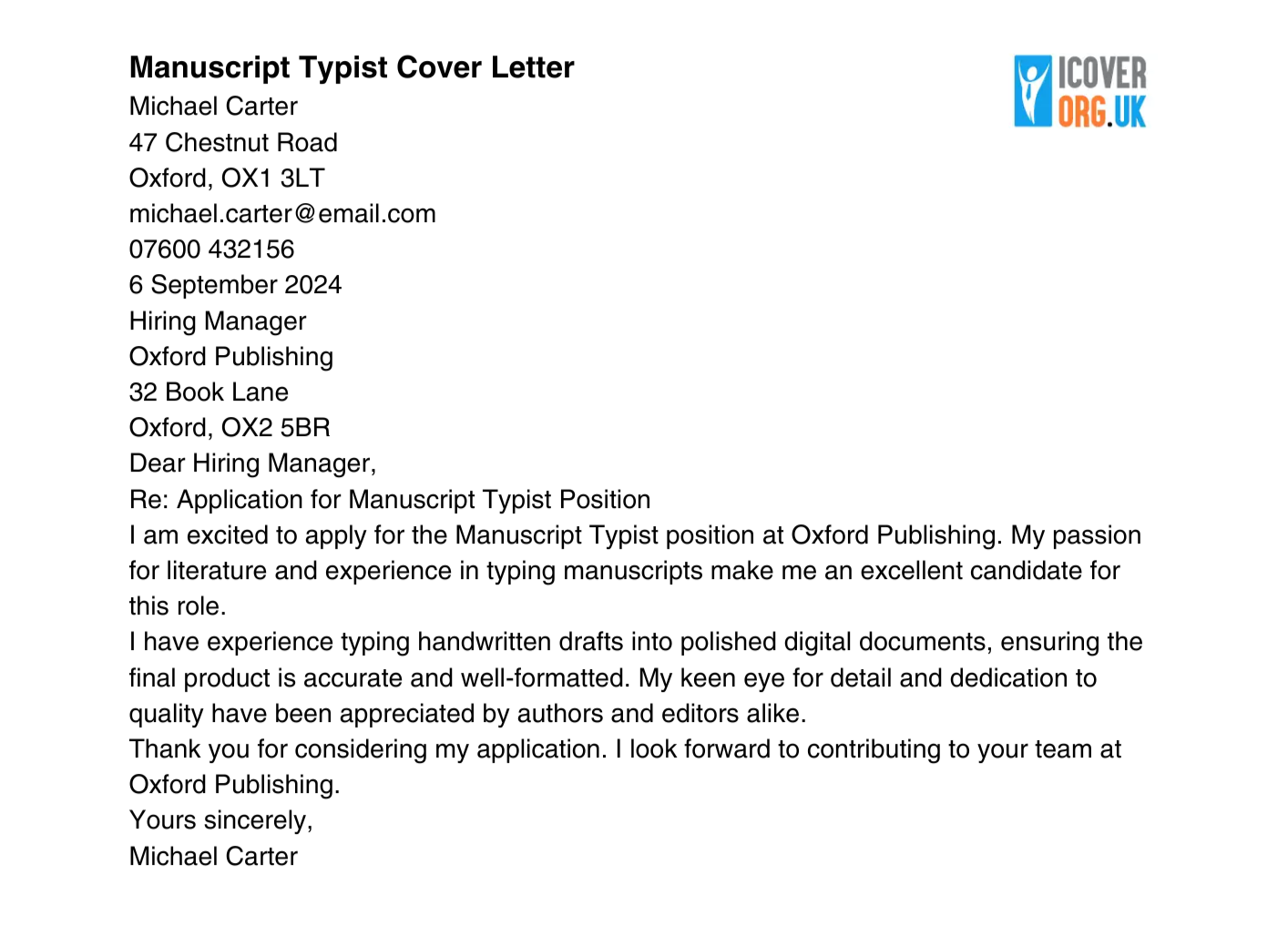 Typist Cover Letter Example - icover.org.uk