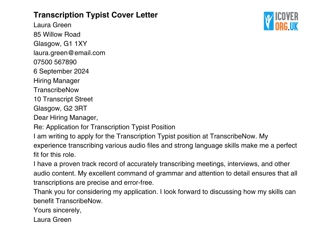 Typist Cover Letter Example - icover.org.uk