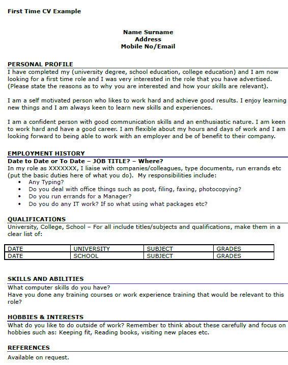 First Time Job CV Example Icover uk