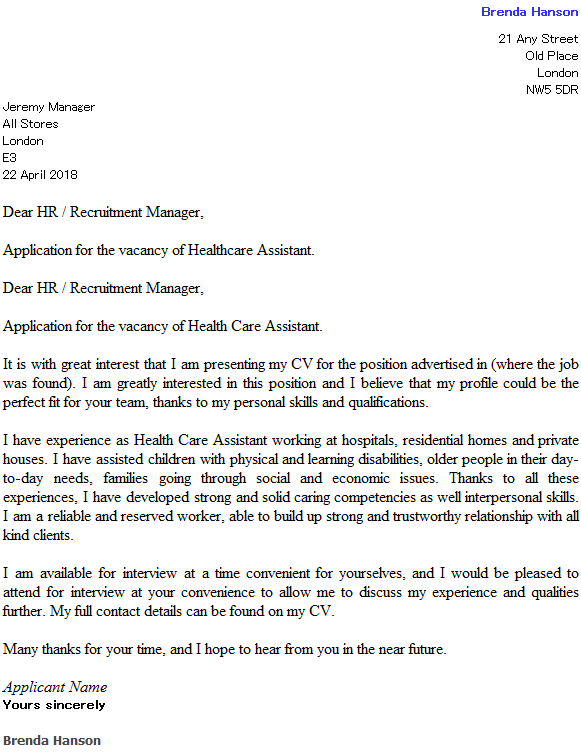 Health Care Assistant Cover Letter Example Icover uk