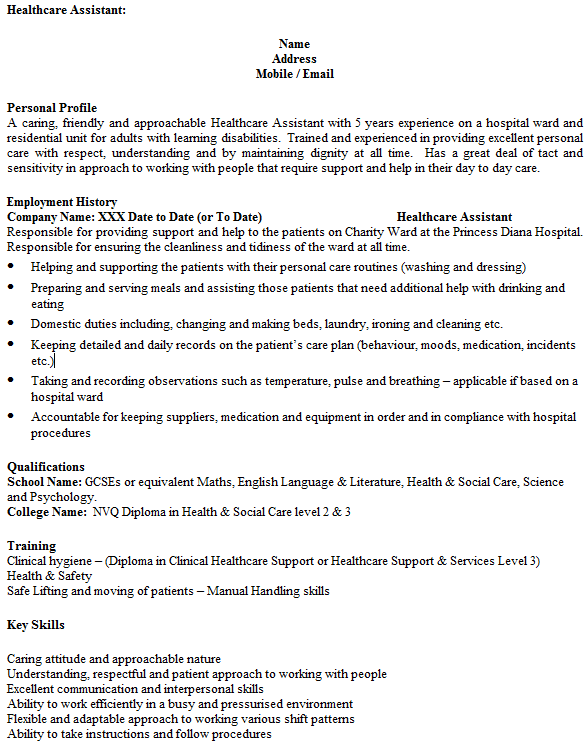 Healthcare Assistant CV Example Icover uk