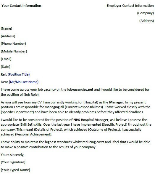 NHS Hospital Manager Cover Letter Example Icover uk