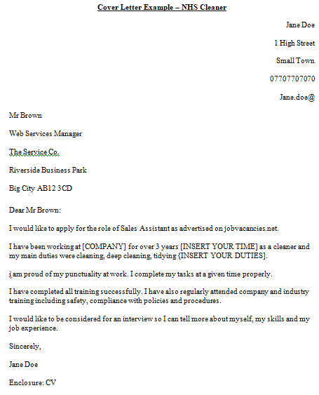 NHS Cleaner Cover Letter Example Icover uk
