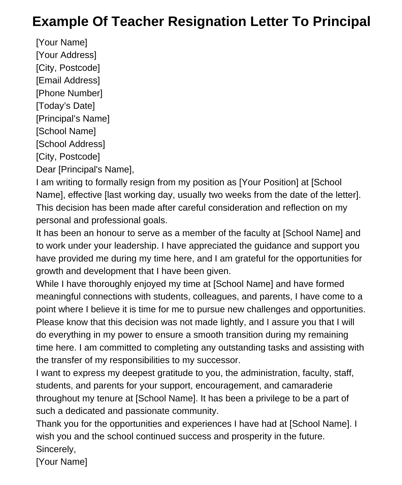 Top 5 Teacher Resignation Letter Example