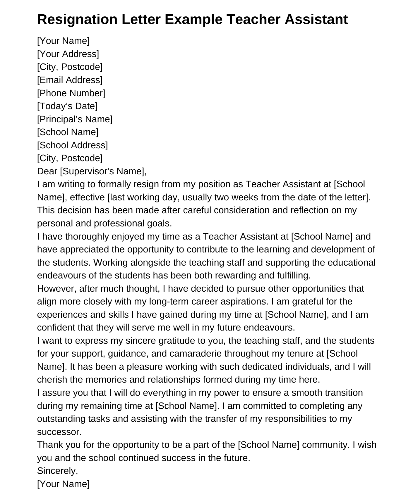 Top 5 Teacher Resignation Letter Example