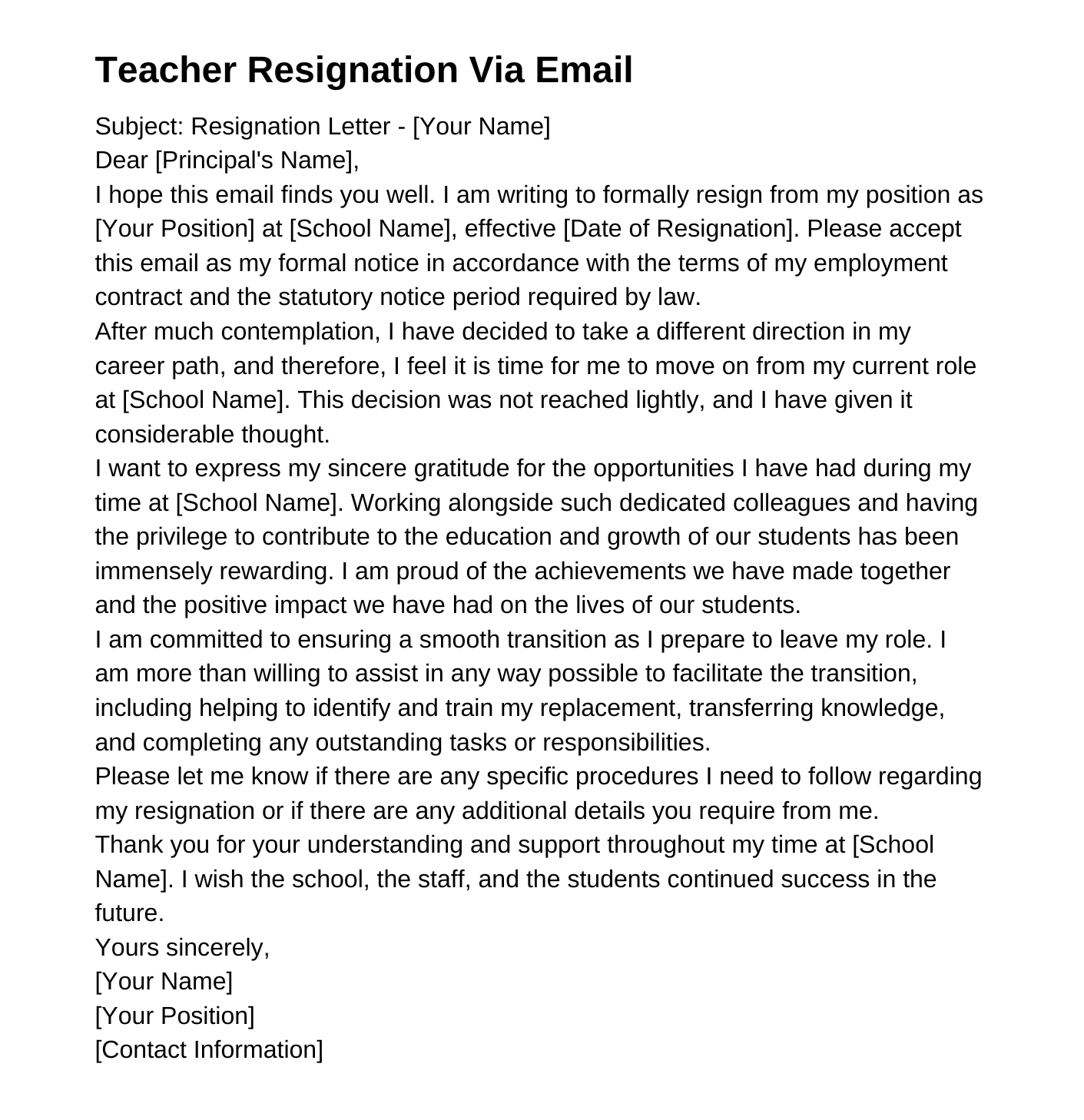 Top 5 Teacher Resignation Letter Example